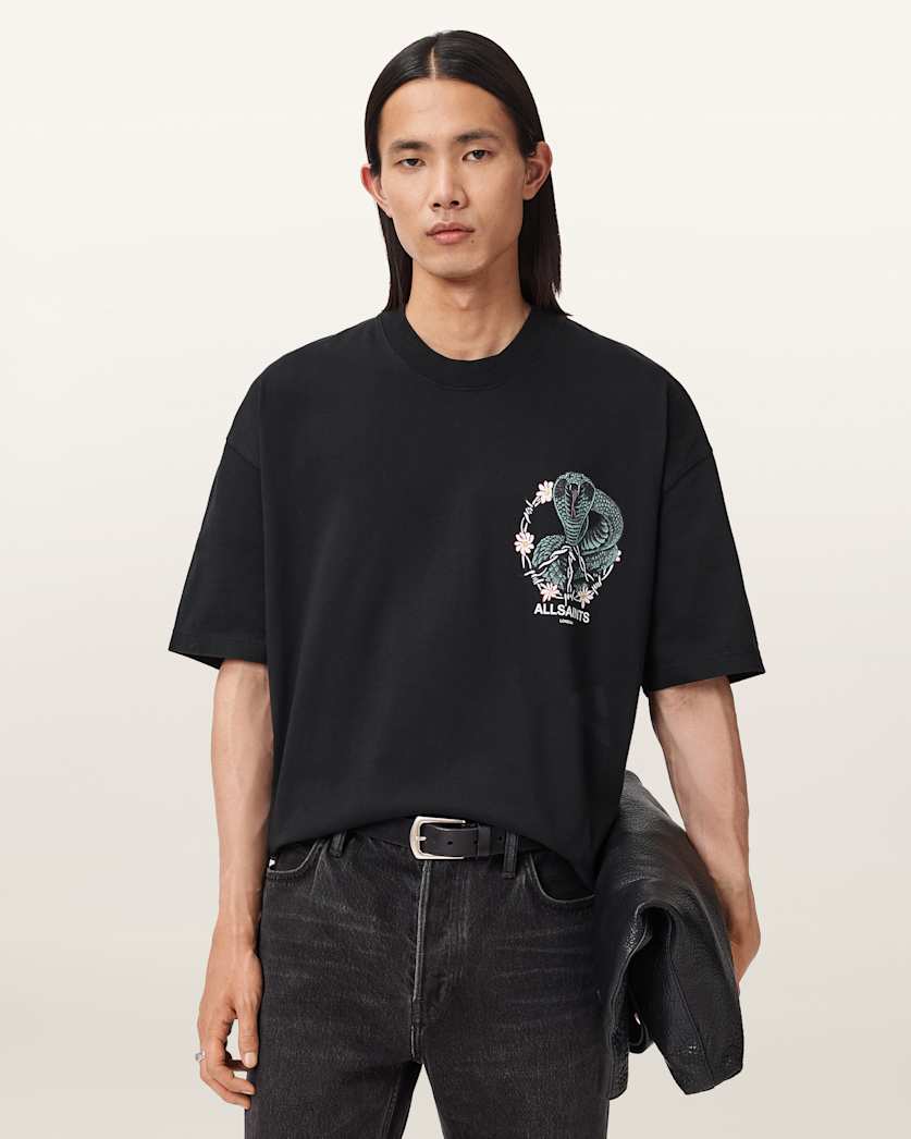 Snakebite Short Sleeve Crew T-Shirt Washed Black | ALLSAINTS